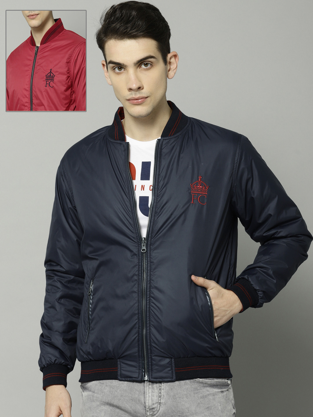 Buy French Connection Men Navy Blue Solid Reversible Bomber Jacket ...