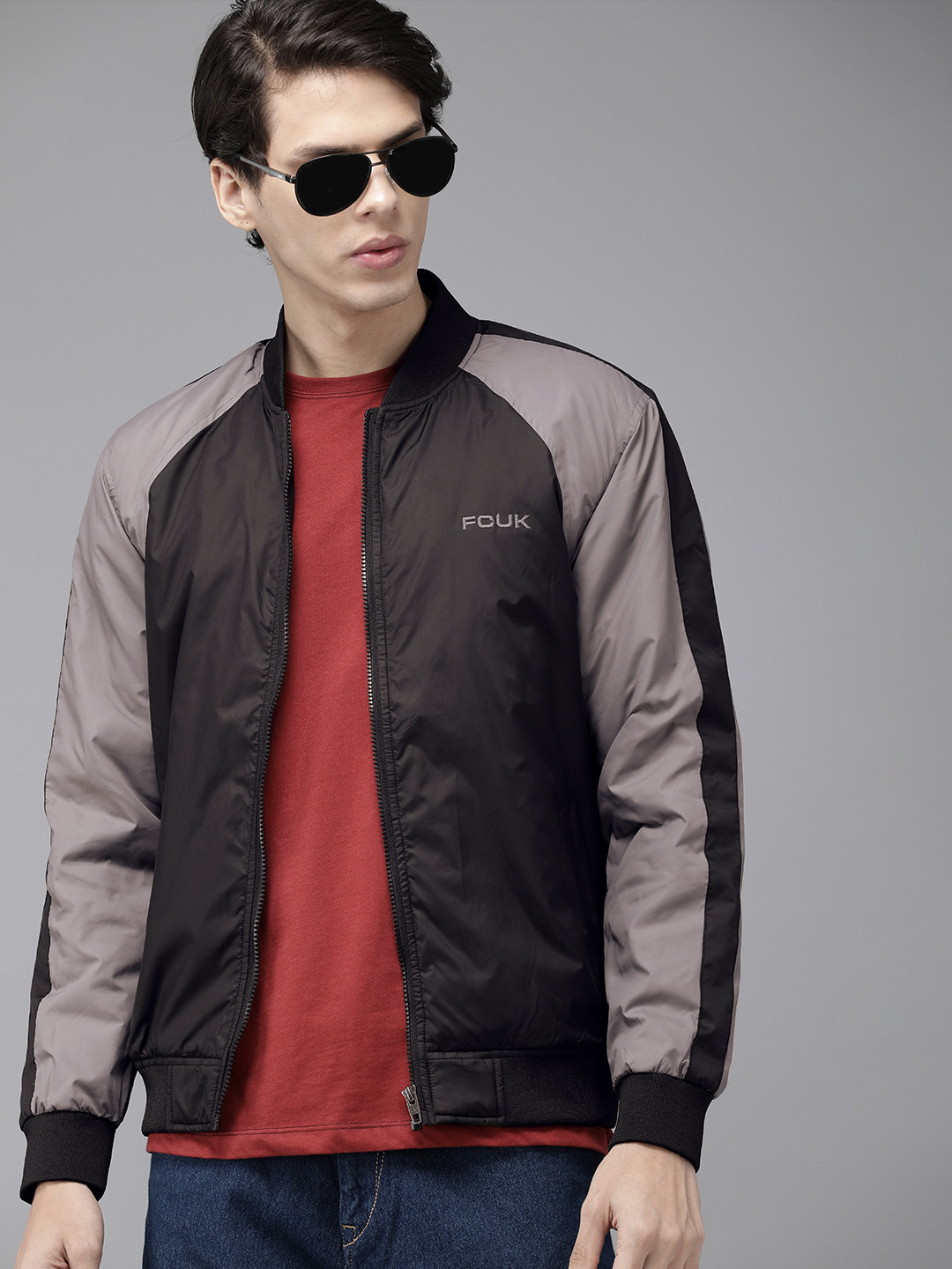 Buy French Connection Men Black & Grey Colourblocked Bomber Jacket ...
