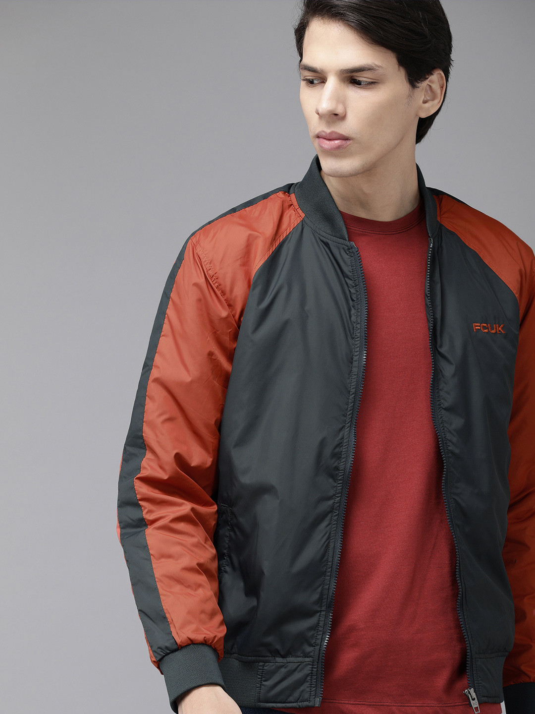 Buy French Connection Men Navy Blue& Orange Colourblocked Bomber Jacket ...