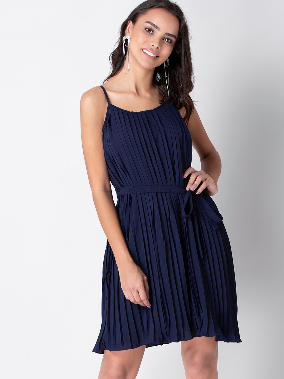 Buy Faballey Women Navy Blue Strappy Pleated Crepe Dress Dresses For