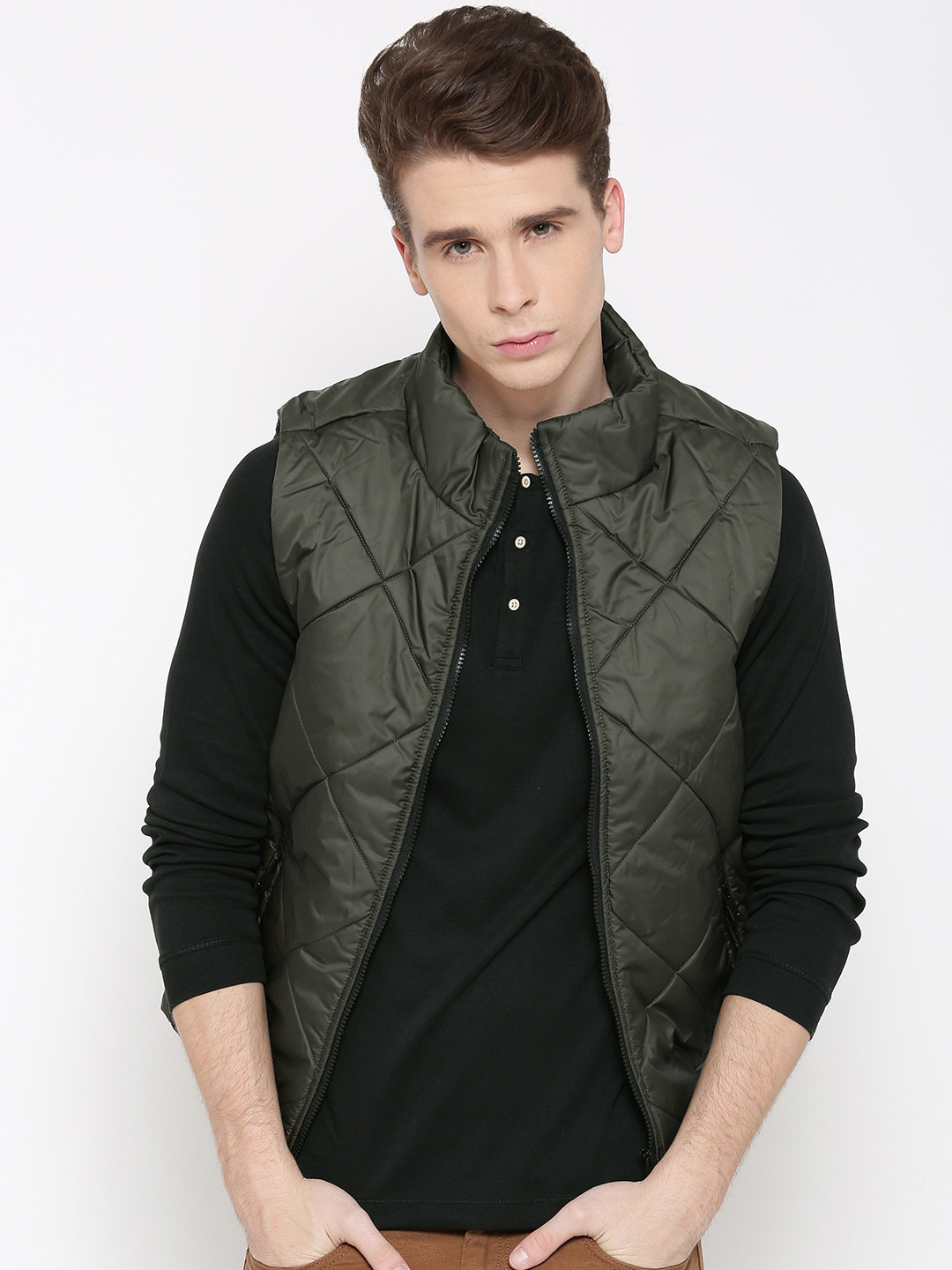 Buy Numero Uno Olive Green Sleeveless Quilted Jacket - Jackets for Men ...