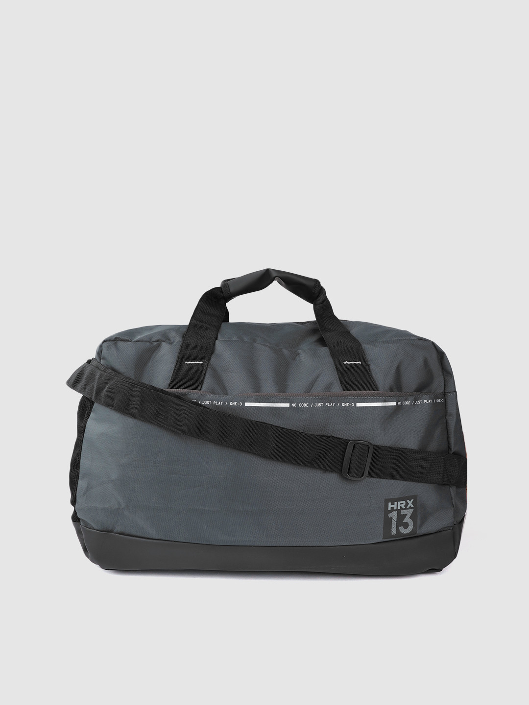 Buy HRX By Hrithik Roshan Unisex Charcoal Grey & Black Solid Duffel Bag ...