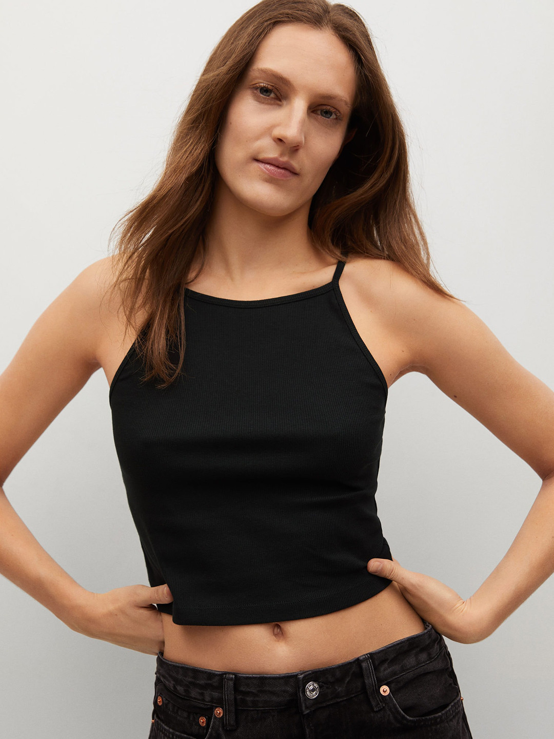 Buy MANGO Black Fitted Crop Sustainable Top - Tops for Women 15035322 ...