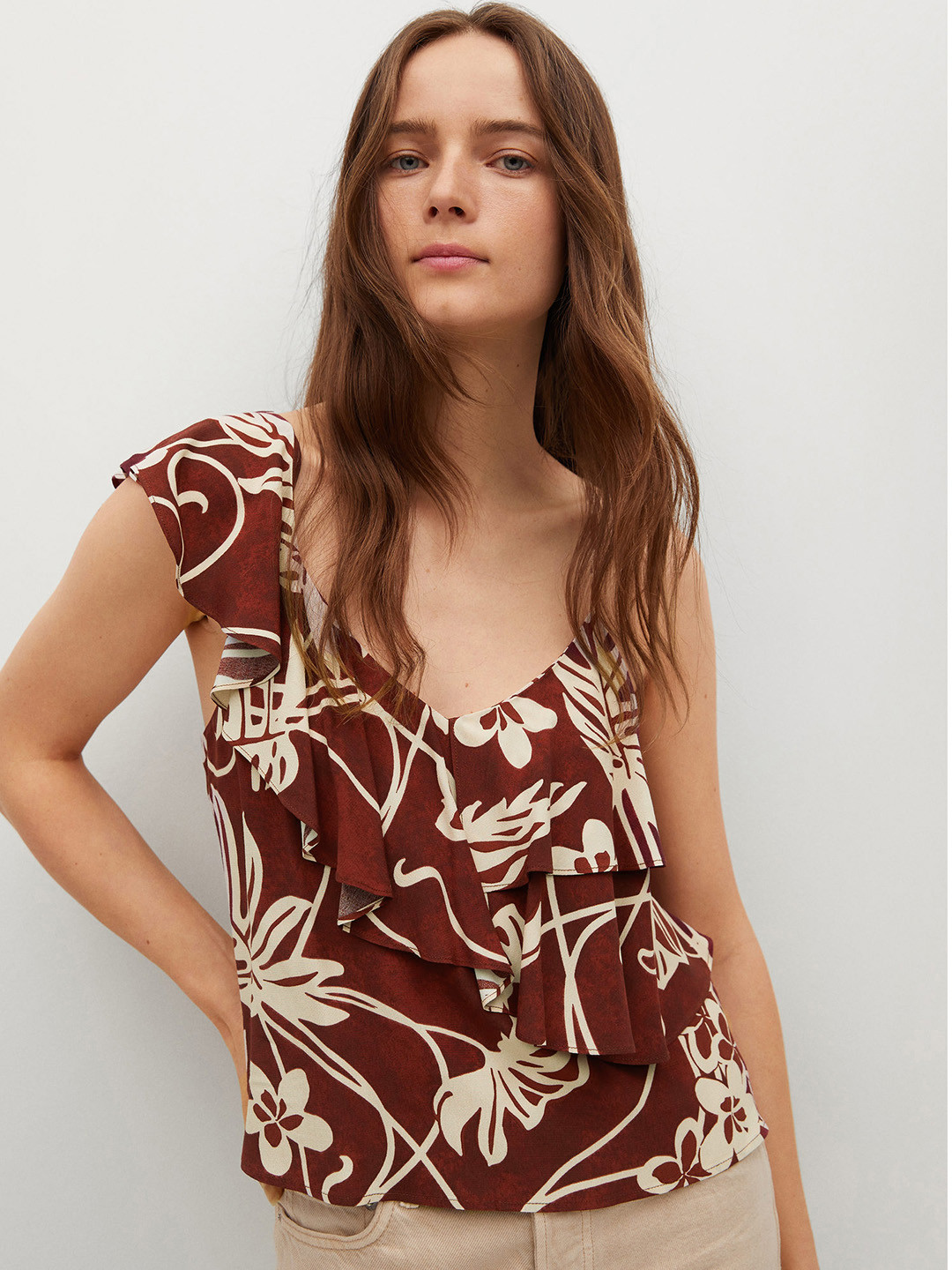 Buy MANGO Rust Red & Off White Printed Ruffles Regular Top - Tops for ...