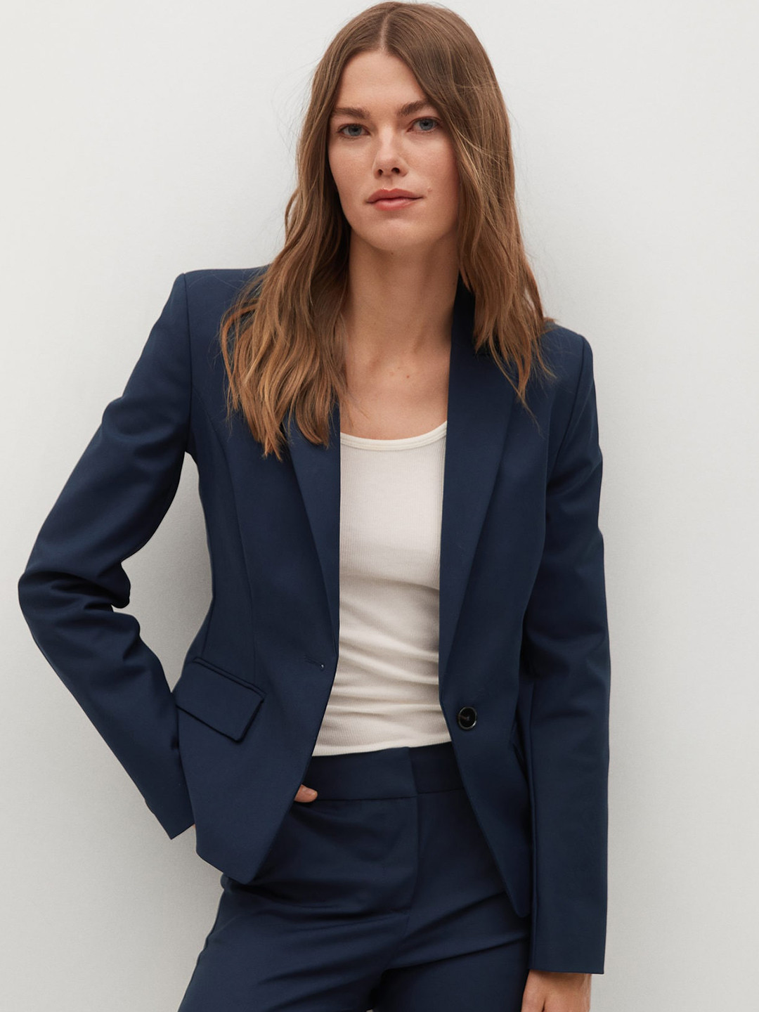 Buy MANGO Women Navy Blue Solid Single Breasted Formal Blazer - Blazers ...