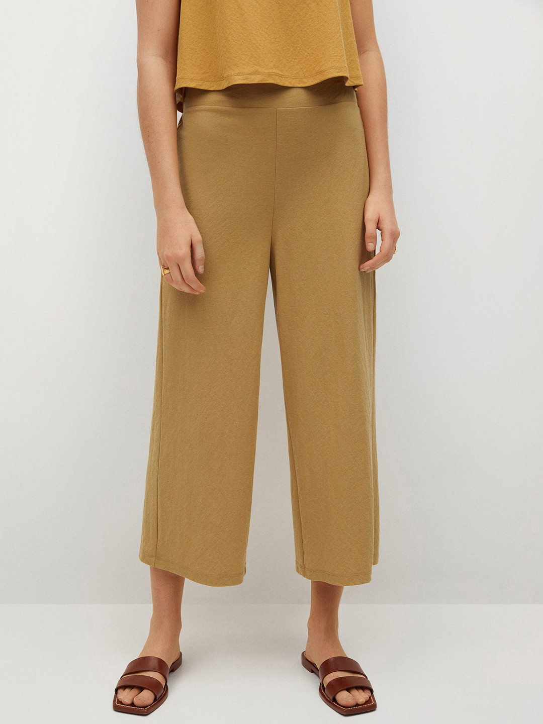 Buy MANGO Women Mustard Yellow High Rise Solid Parallel Trousers ...