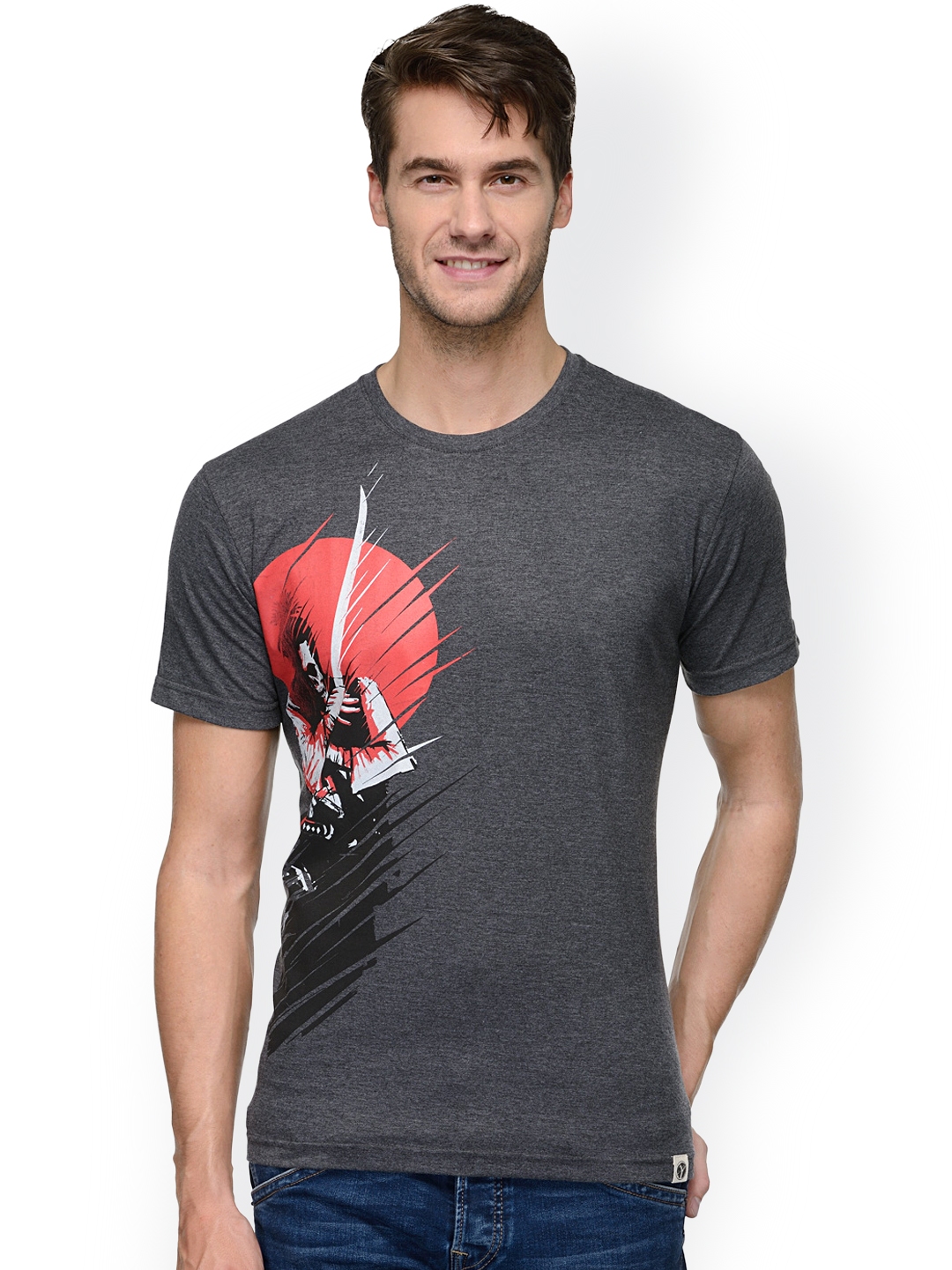 Buy Slingshot Men Grey Melange Printed Round Neck T Shirt Tshirts For