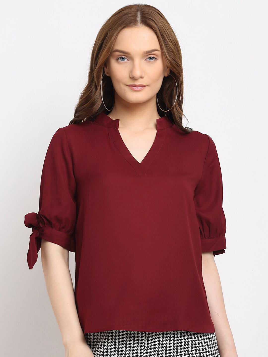 Buy La Zoire Maroon Mandarin Collar Regular Top With Tie Up Details ...