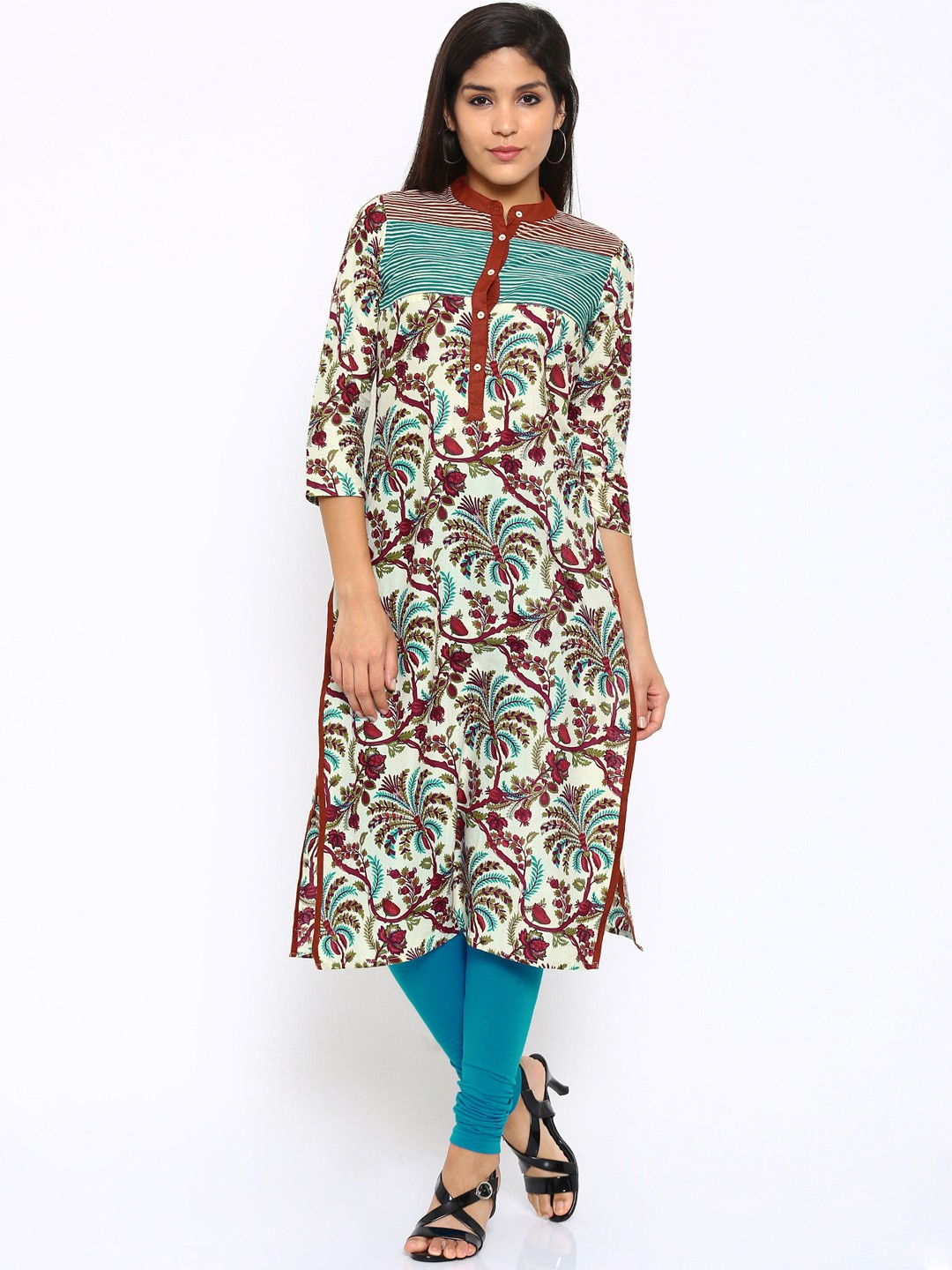 Buy Vishudh Women Cream Coloured And Brown Printed Kurta Kurtas For