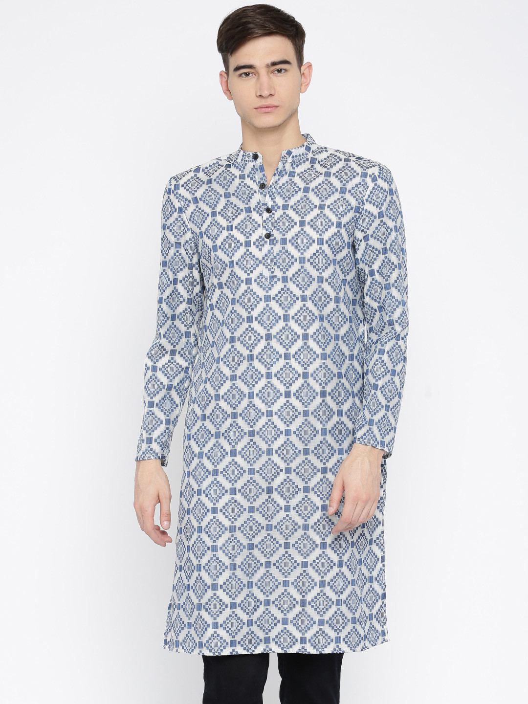 Buy Svanik Men White & Black Woven Design Kurta - Kurtas for Men ...