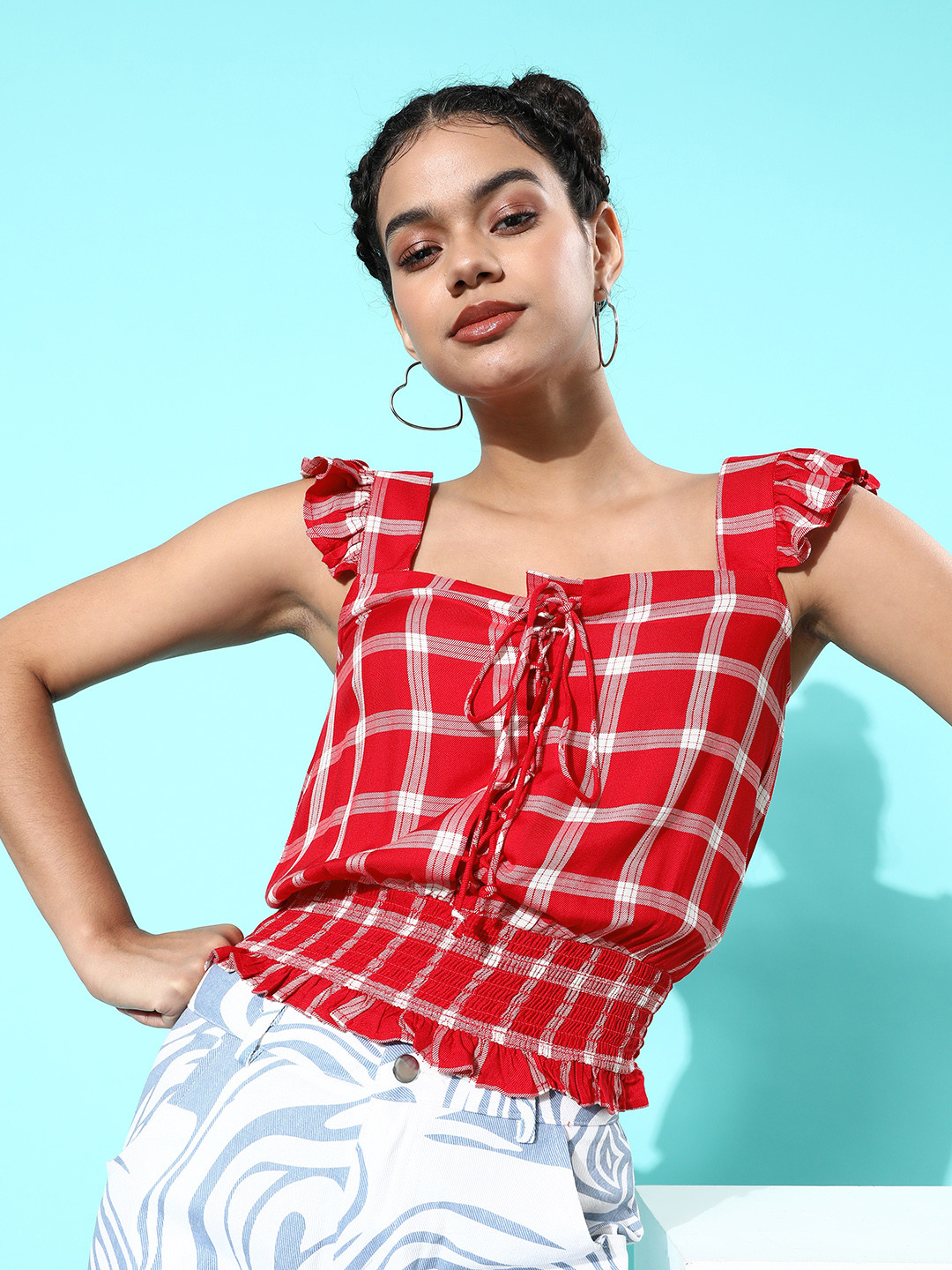 Buy Roadster White & Red Checked Blouson Top - Tops for Women 15048958 ...