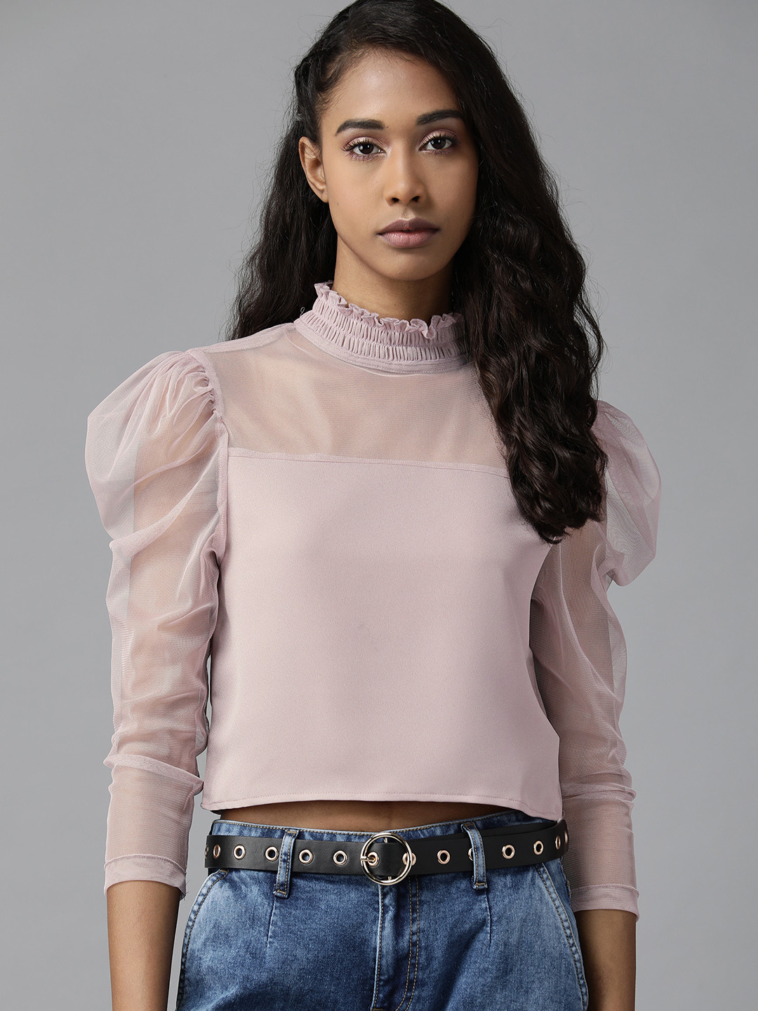 Buy Roadster Mauve Solid Smocked Neck Semi Sheer Crop Top - Tops for ...