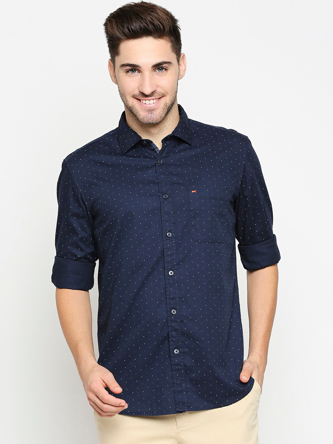 Buy Basics Men Navy Blue Pure Cotton Slim Fit Printed Casual Shirt ...