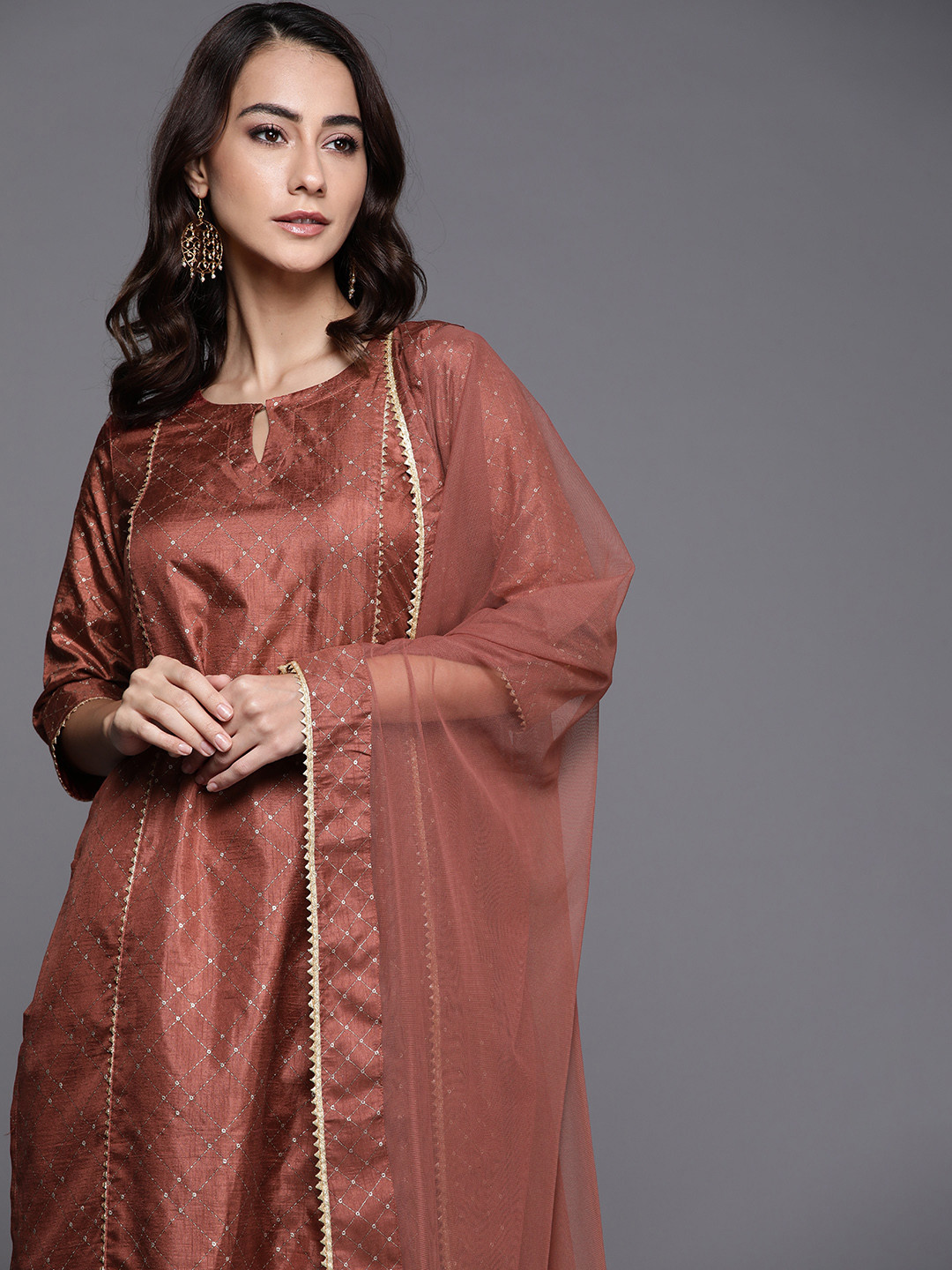 Buy Libas Women Rust Brown Embroidered Sequinned Kurta With Trousers ...