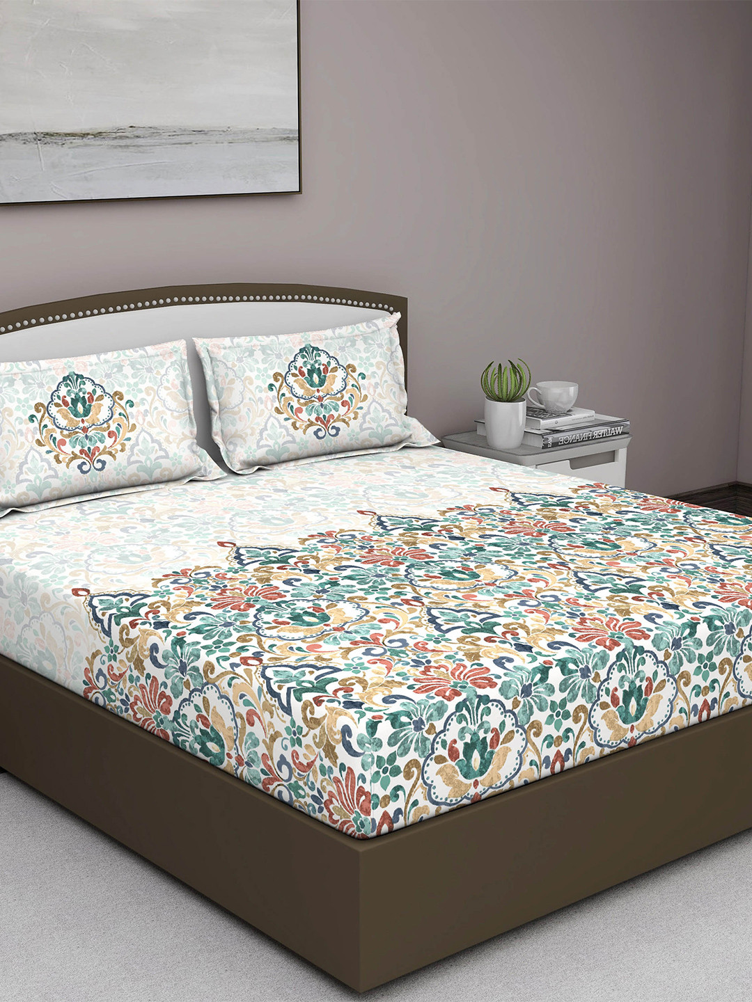 Buy GM White & Green Floral 180 TC King Bedsheet With 2 Pillow Covers ...
