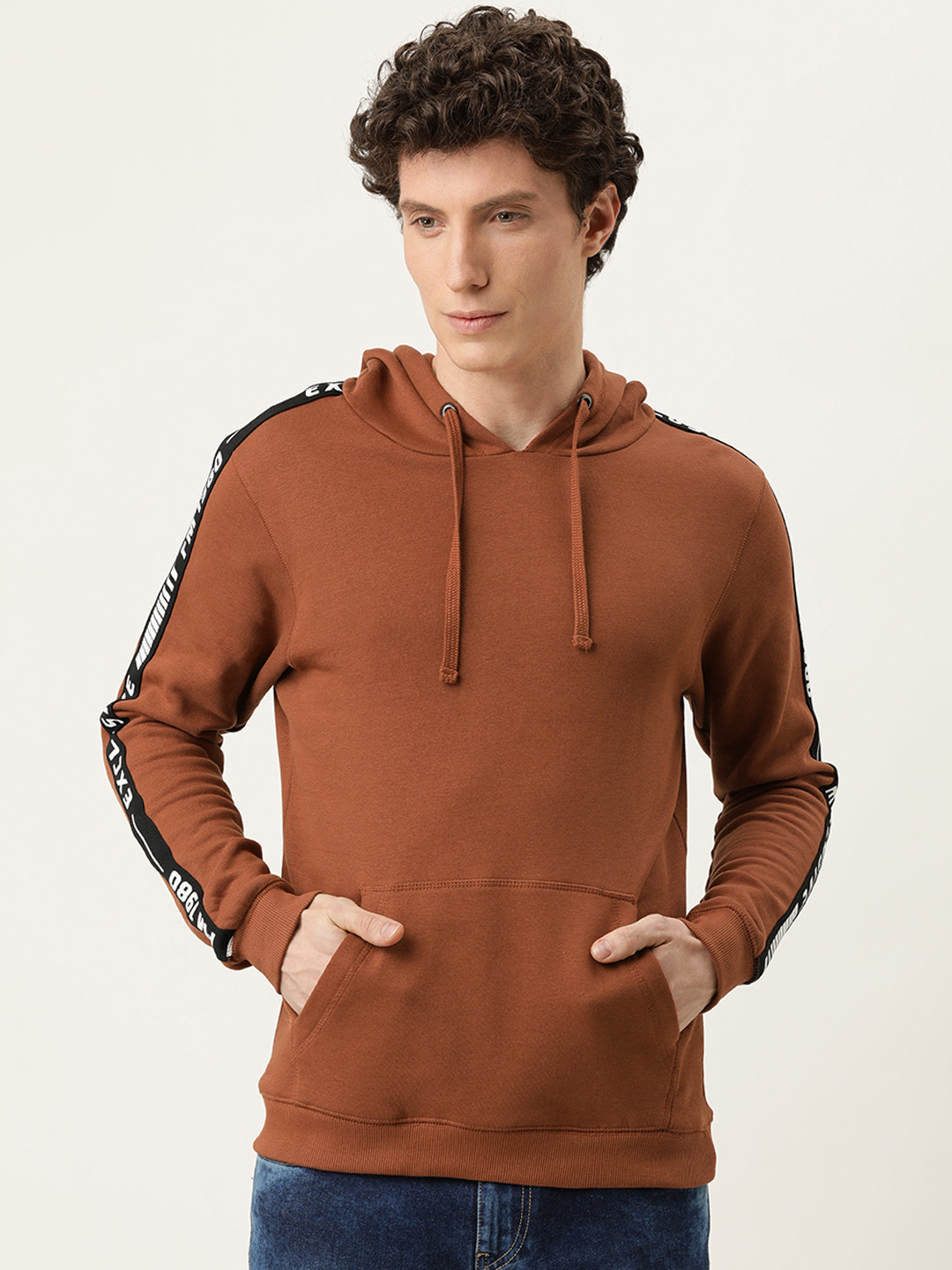 Buy Flying Machine Men Brown Solid Pure Cotton Hooded Pullover ...