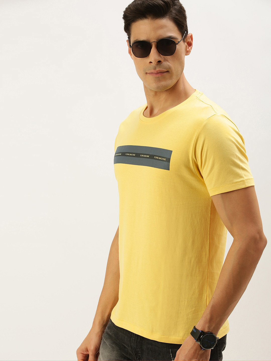 Buy Flying Machine Men Yellow Striped Pure Cotton T Shirt - Tshirts for ...