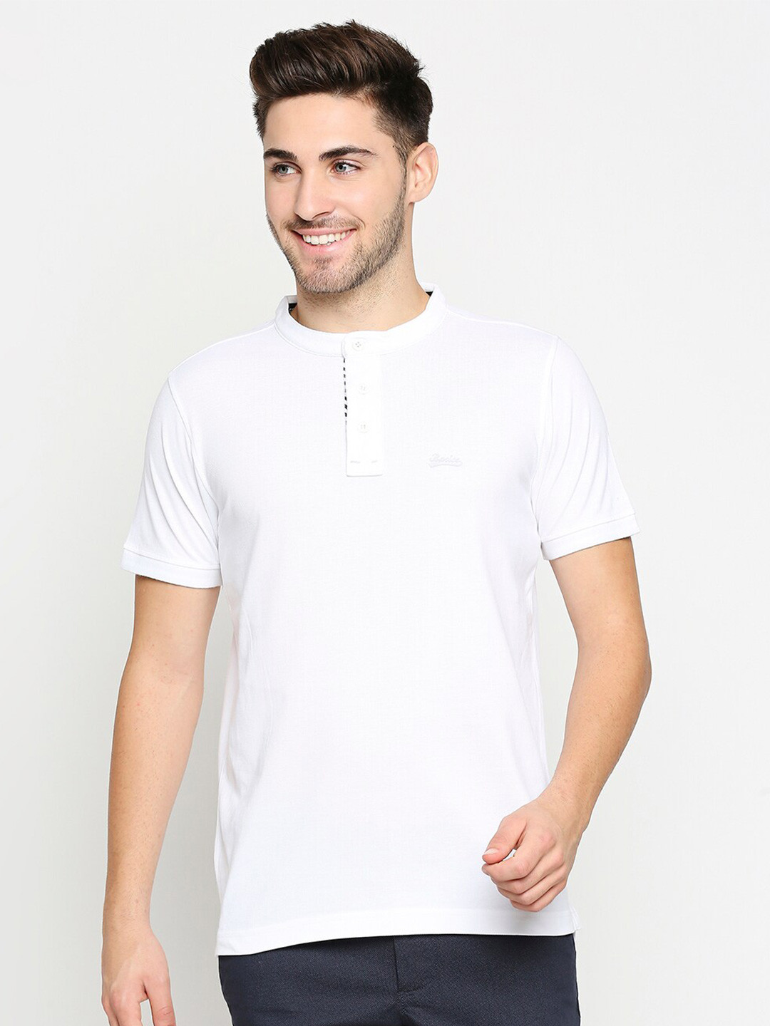 Buy Basics Men White Mandarin Collar Muscle Fit Pure Cotton T Shirt ...