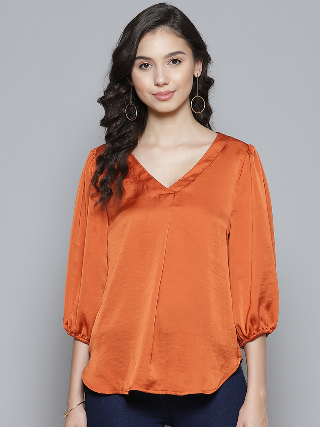 Buy FEMMELLA Orange Solid Satin Finish V Neck Puff Sleeve A Line Top ...