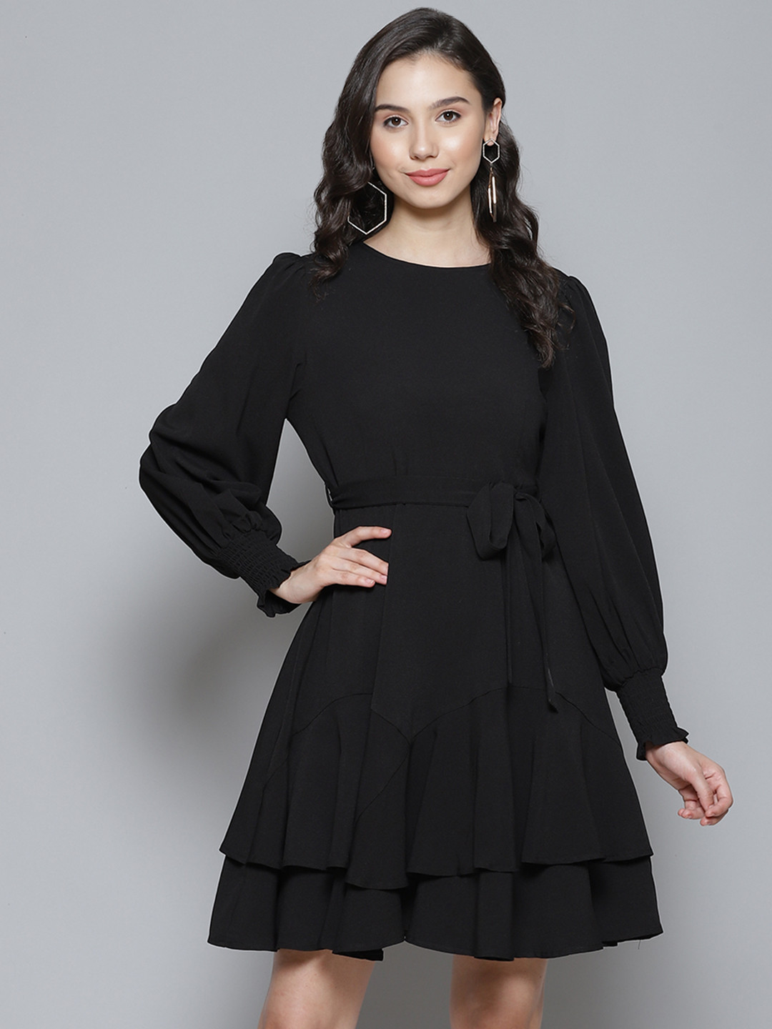 Buy Femella Black Solid Layered Mini Fit & Flare Dress With Belt ...