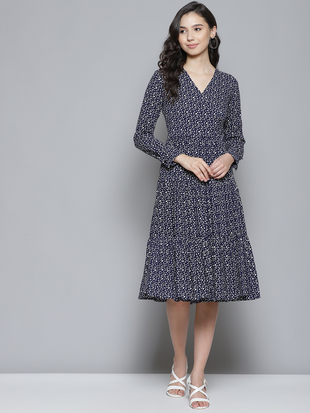 Buy Femella Navy Blue & White Printed Midi Wrap Dress - Dresses for ...