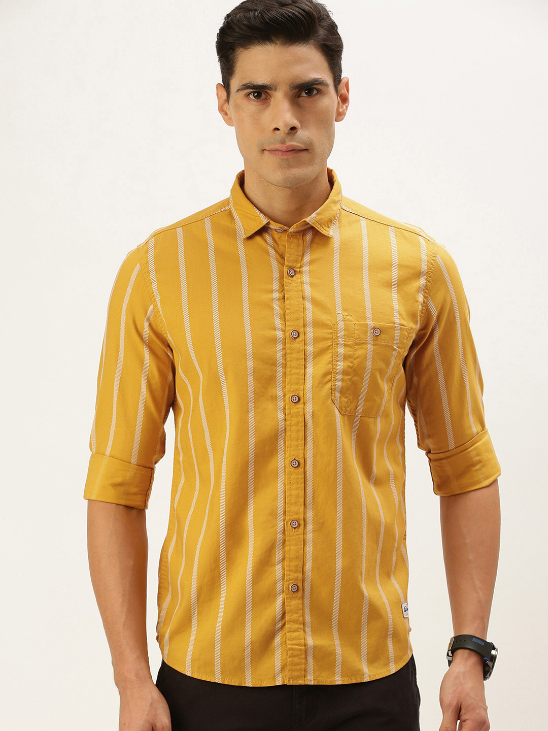 Buy Flying Machine Men Mustard Yellow Slim Fit Striped Casual Shirt ...