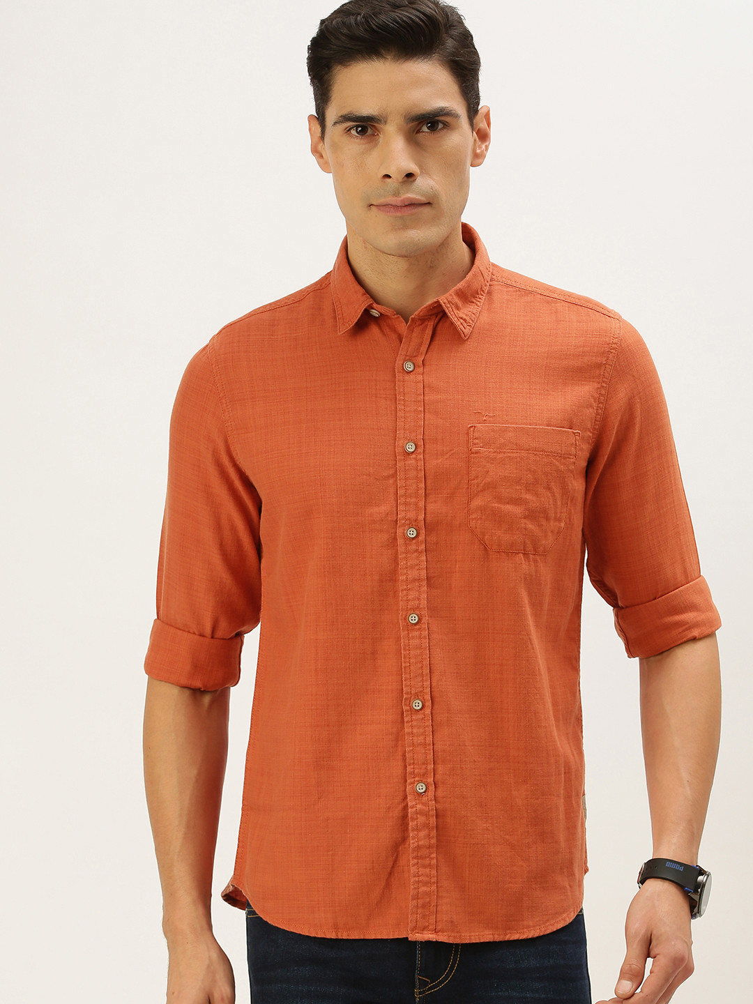 Buy Flying Machine Men Rust Orange Slim Fit Opaque Casual Shirt ...