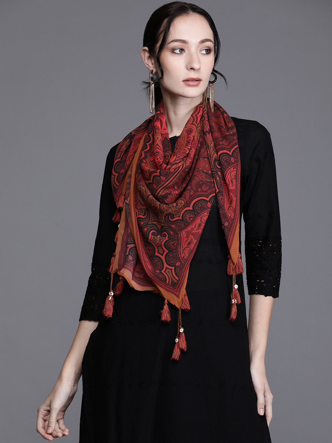 Buy Biba Pink & Black Ethnic Motifs Printed Scarf - Scarves for Women ...