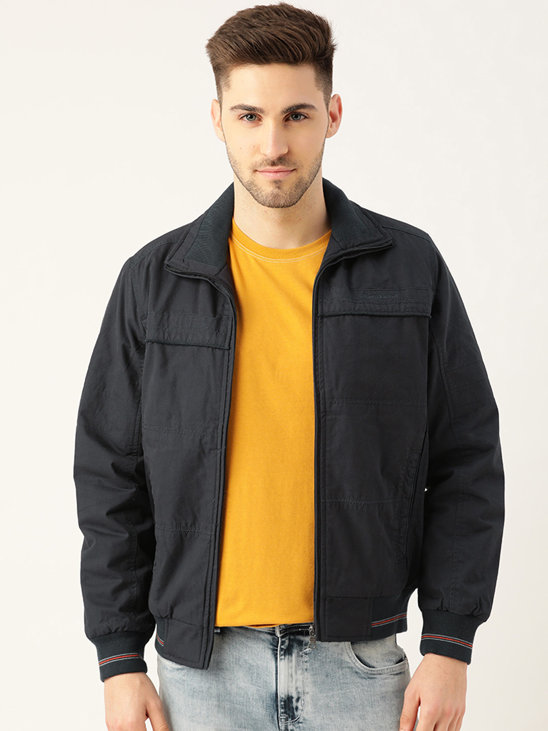 Buy Monte Carlo Men Navy Blue Solid Bomber Jacket - Jackets for Men ...