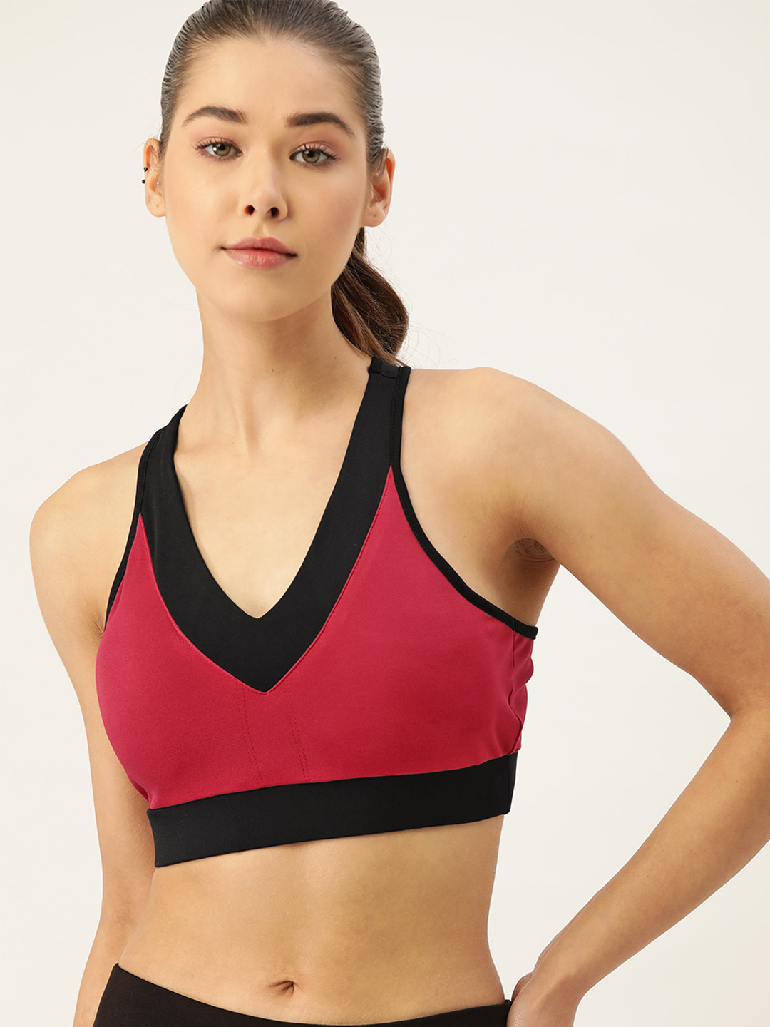 Buy DressBerry Red & Black Colorblocked Removable Padded Workout Bra ...