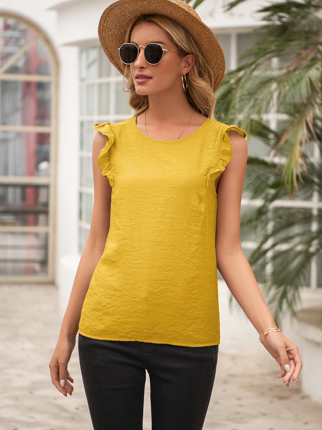 Buy Urbanic Mustard Yellow Solid Regular Top Tops For Women 15084296