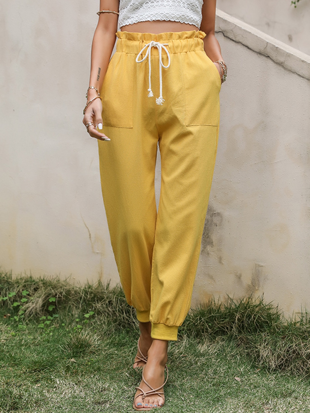 Buy Urbanic Women Mustard Yellow Solid Cotton High Rise Joggers