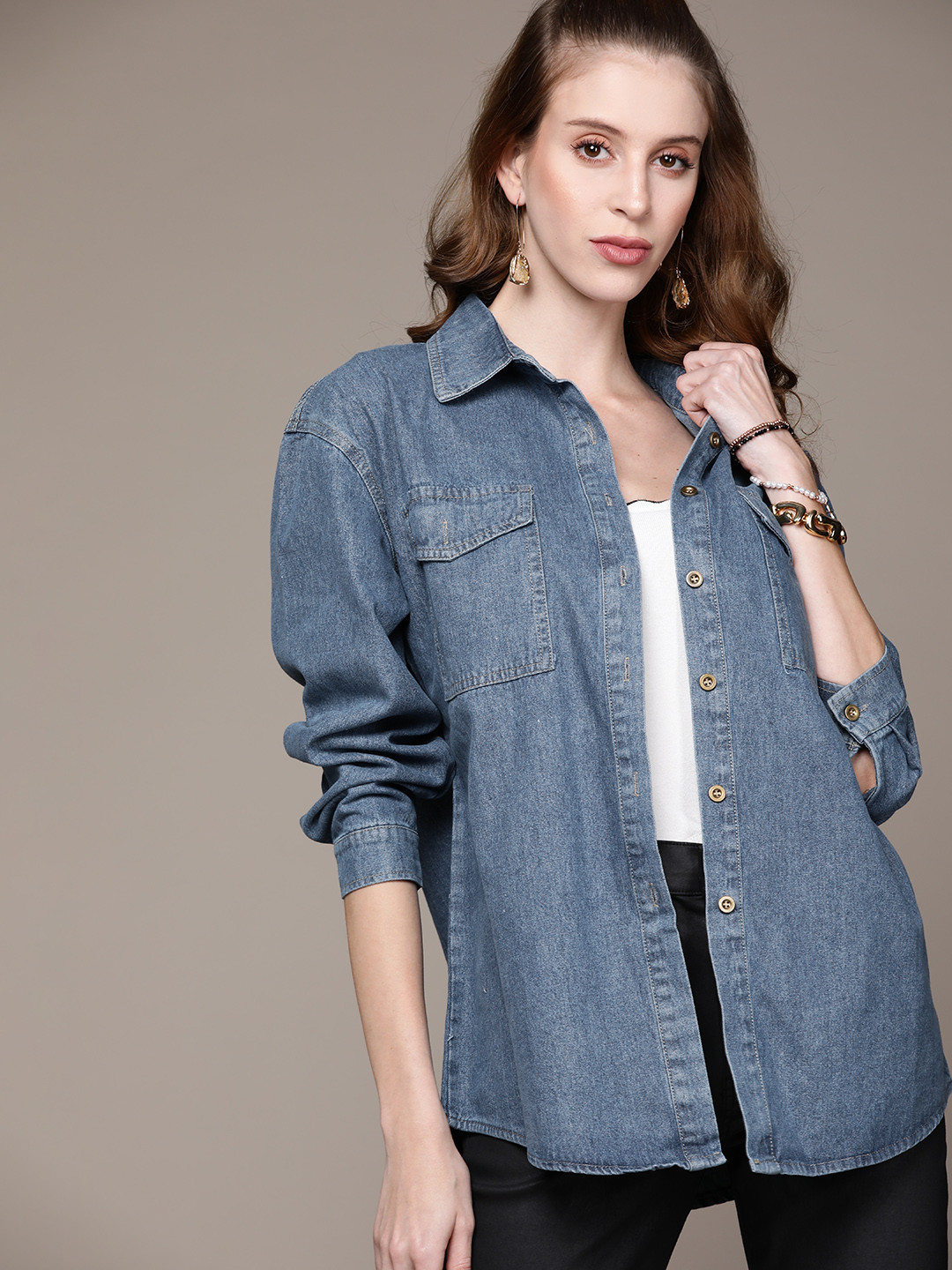 Buy URBANIC Women Blue Longline Pure Cotton Denim Shirt Jacket ...
