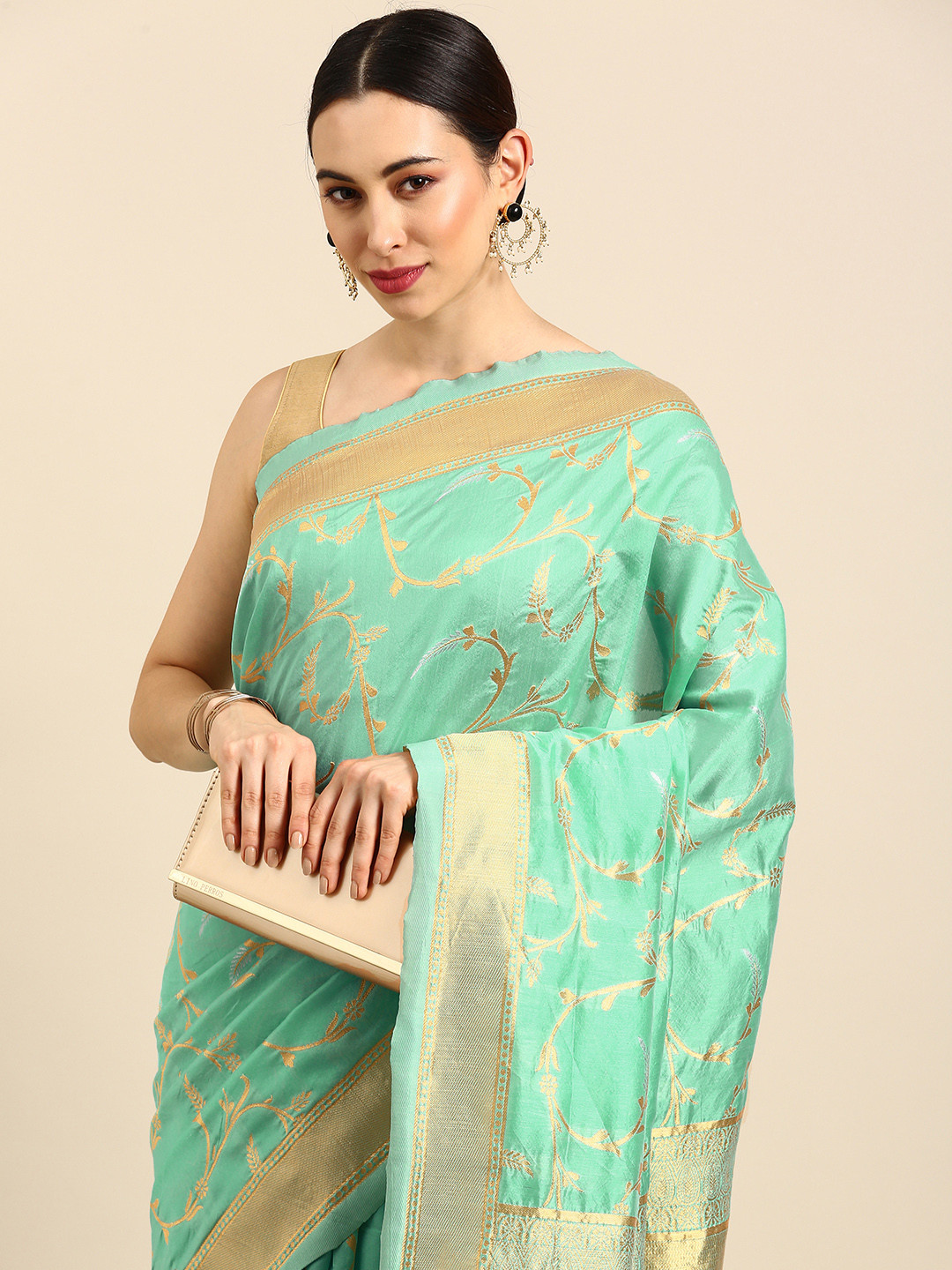 Buy Anouk Sea Green Woven Design Zari Silk Blend Baluchari Saree ...