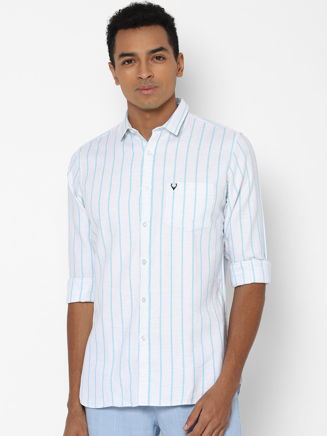 Buy Allen Solly Men White & Green Striped Pure Cotton Slim Fit Casual ...