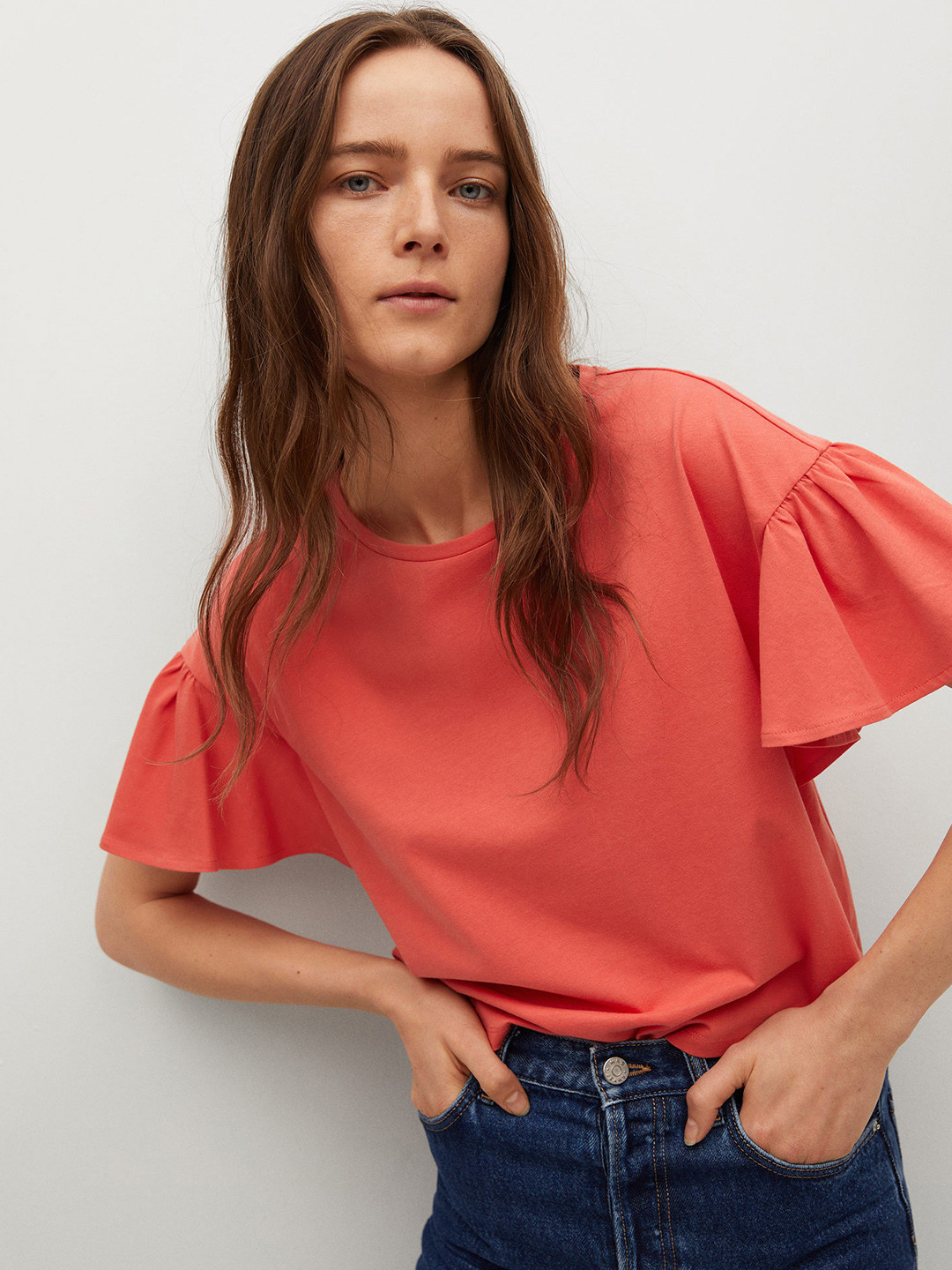 Buy MANGO Women Coral Red Solid Pure Cotton Regular Top - Tops for ...