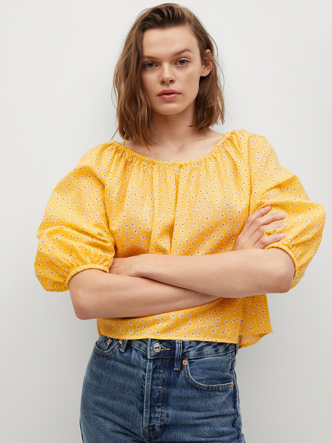 Buy MANGO Yellow & Off White Floral Print Pure Cotton Boxy Top - Tops ...