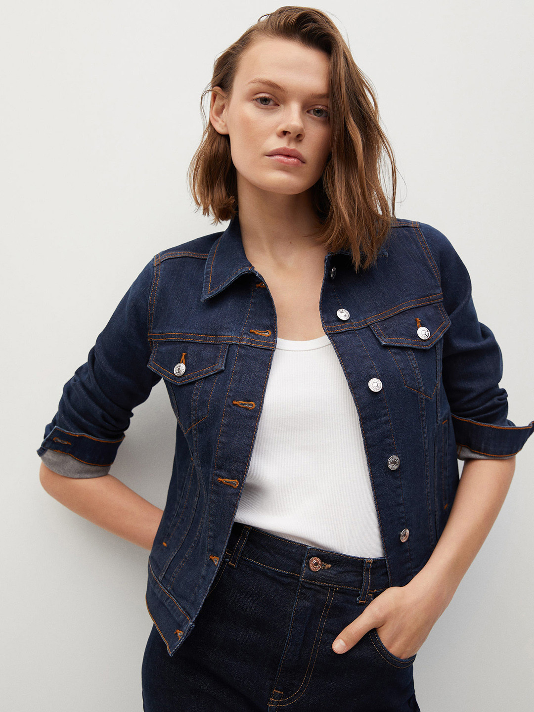 Buy MANGO Women Navy Blue Solid Denim Jacket - Jackets for Women ...