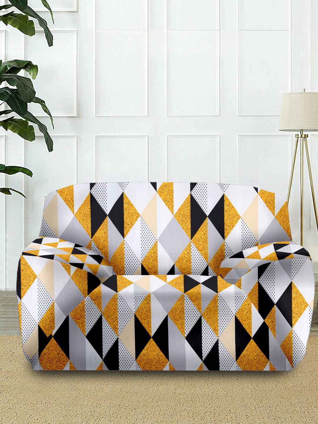 Buy Cortina Yellow & White Printed 1 Seater Super Stretchable Non Slip ...