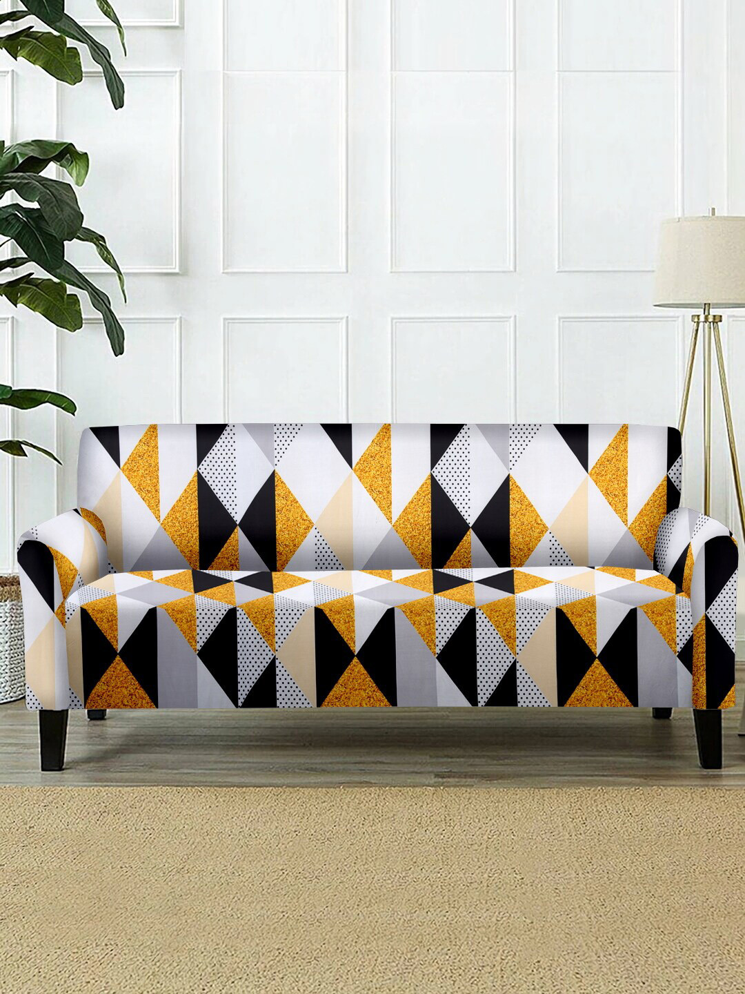 Buy Cortina White & Yellow Printed 2 Seater Stretchable Non Slip Sofa ...