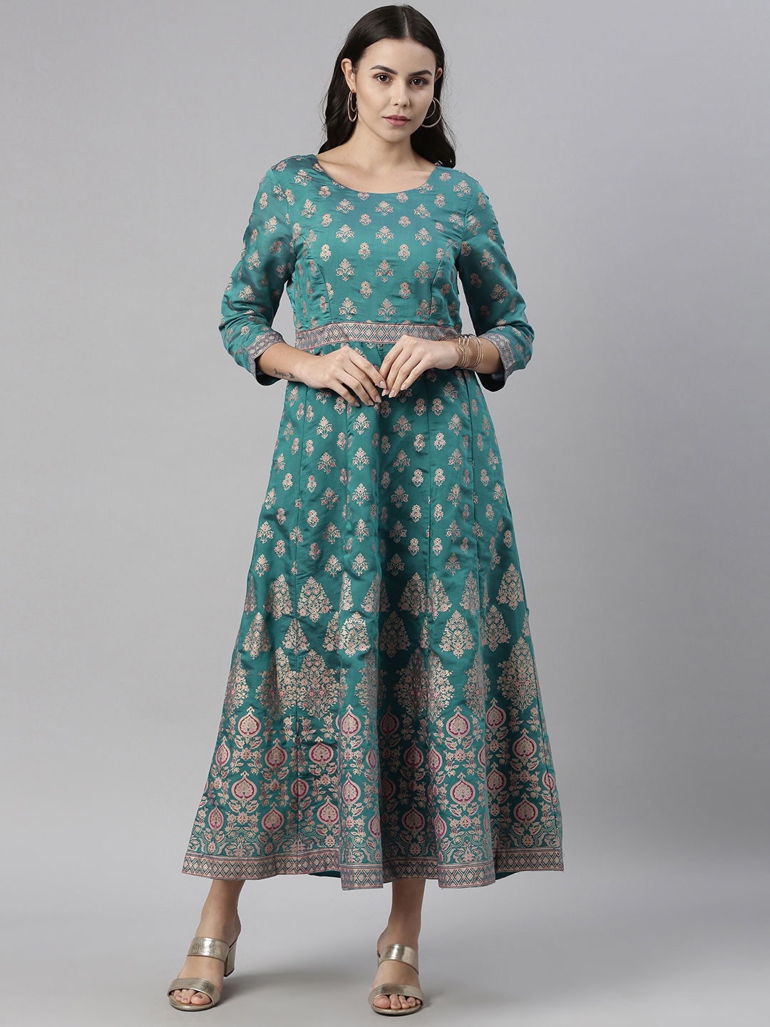 Buy Global Desi Women Teal Blue Ethnic Motifs Printed Fit And Flare