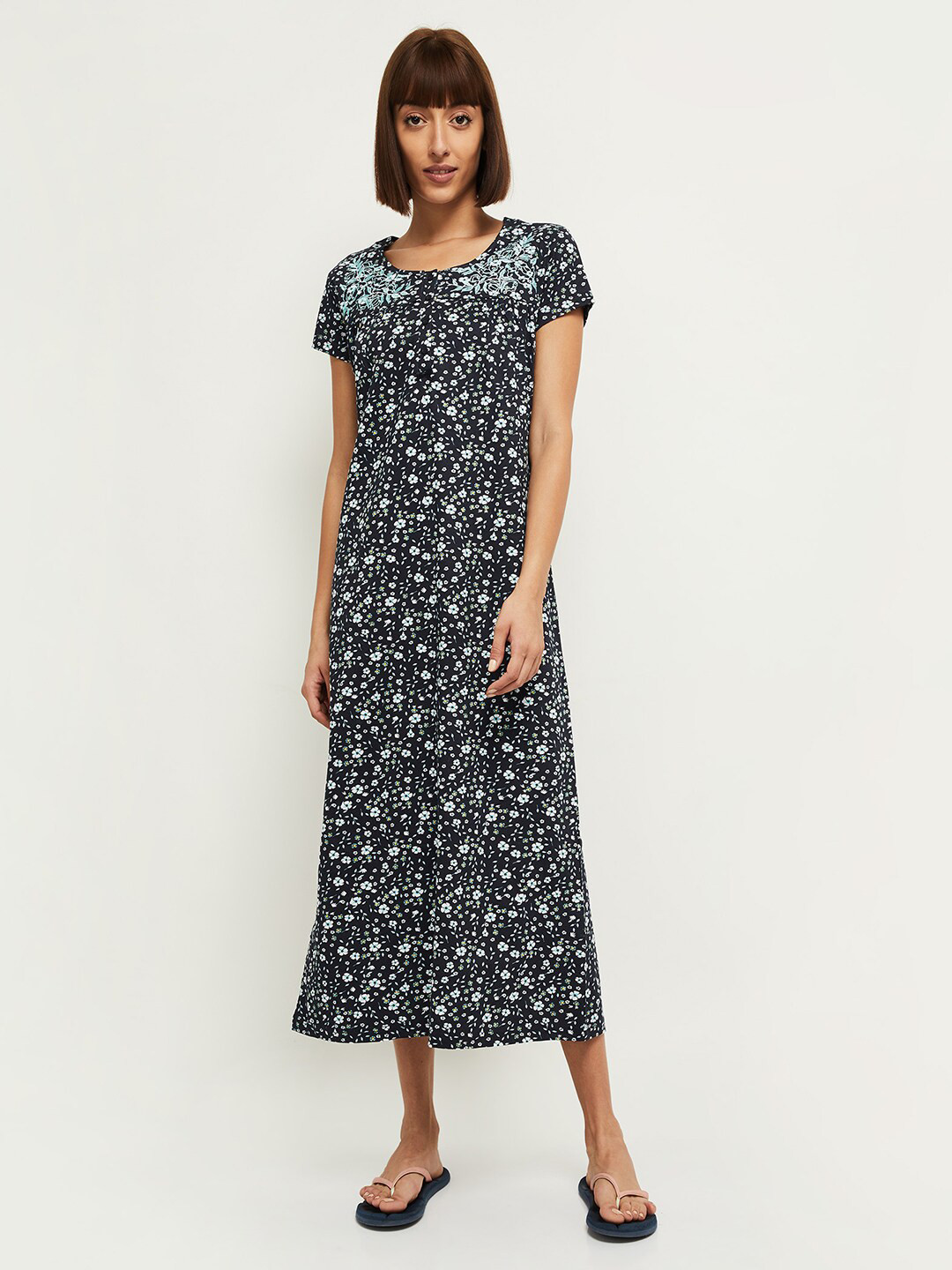 Buy Max Women Navy Blue Floral Printed Maxi Night Dress - Nightdress ...