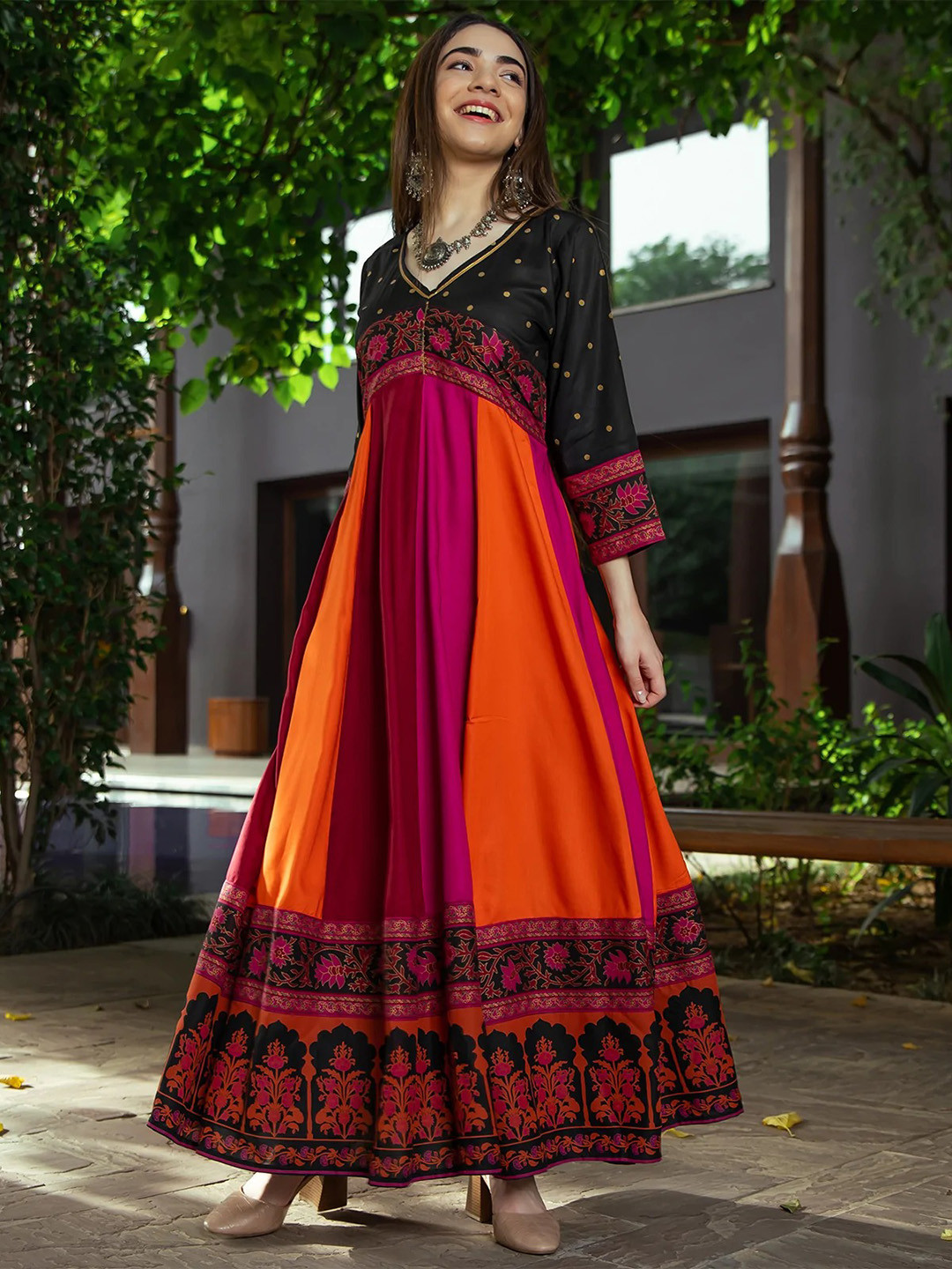Buy Rustorange Multicoloured Ethnic Motifs Maxi Dress - Ethnic Dresses ...