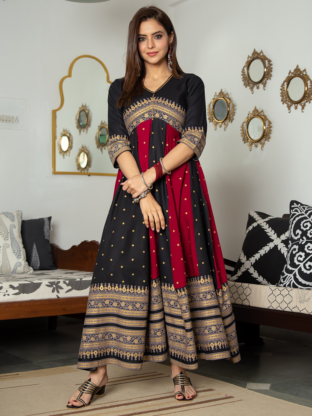 Buy Rustorange Women Black & Maroon Ethnic Motifs Midi Dress - Ethnic ...