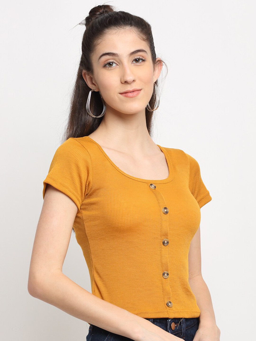 Buy Miaz Lifestyle Women Mustard Yellow Solid Regular Fitted Top - Tops ...