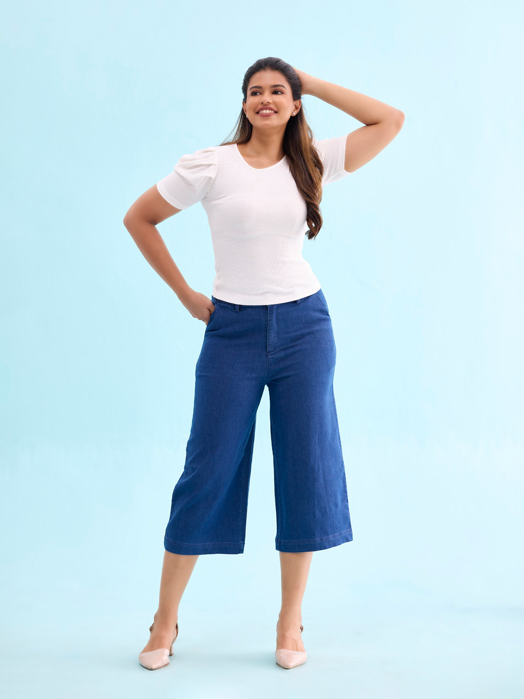 Buy Go Colors Women Blue Loose Fit Chambray Culottes Trousers ...