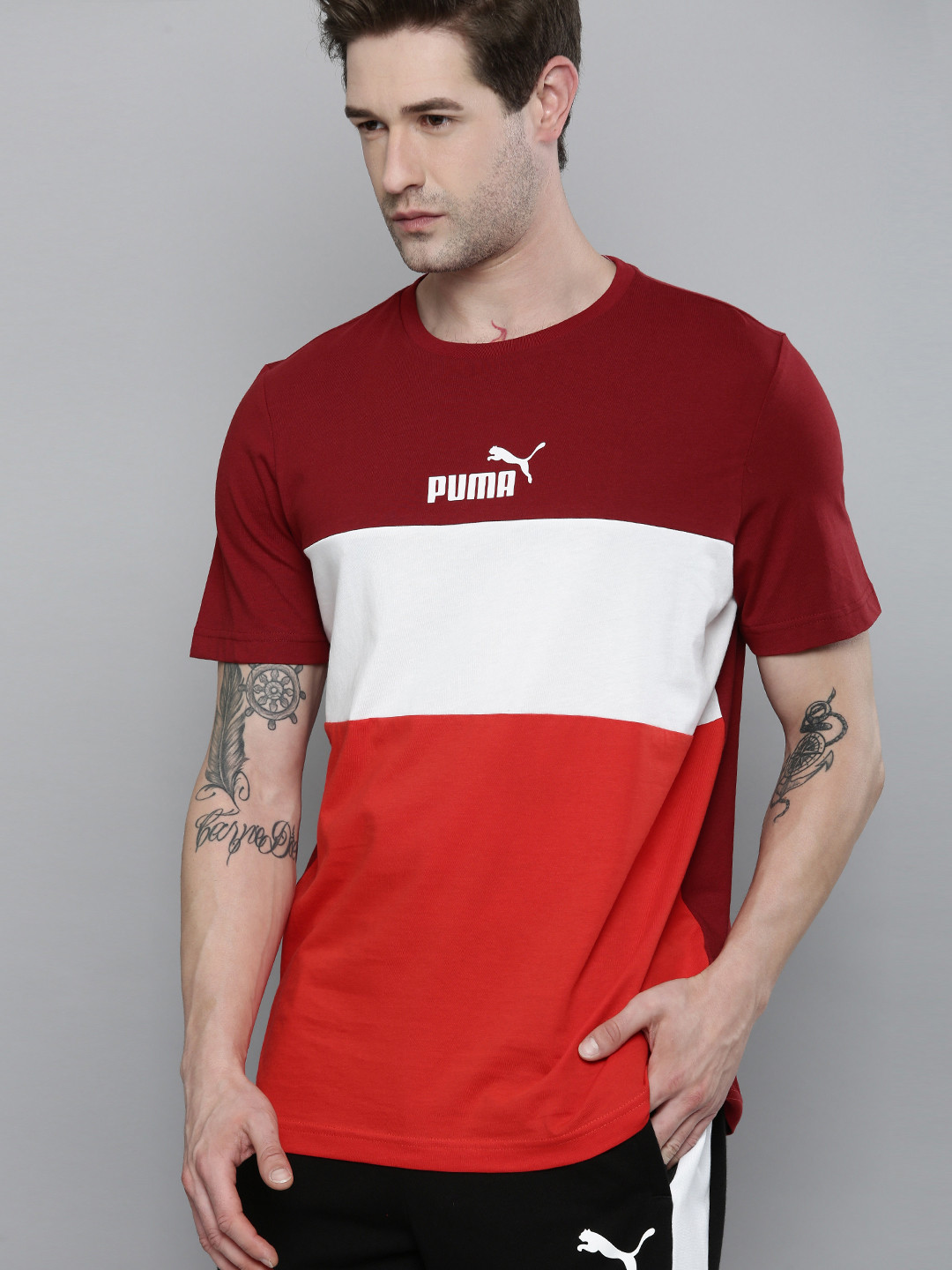 Buy Puma Men Red Colourblocked Essentials T Shirt With Brand Logo Print ...