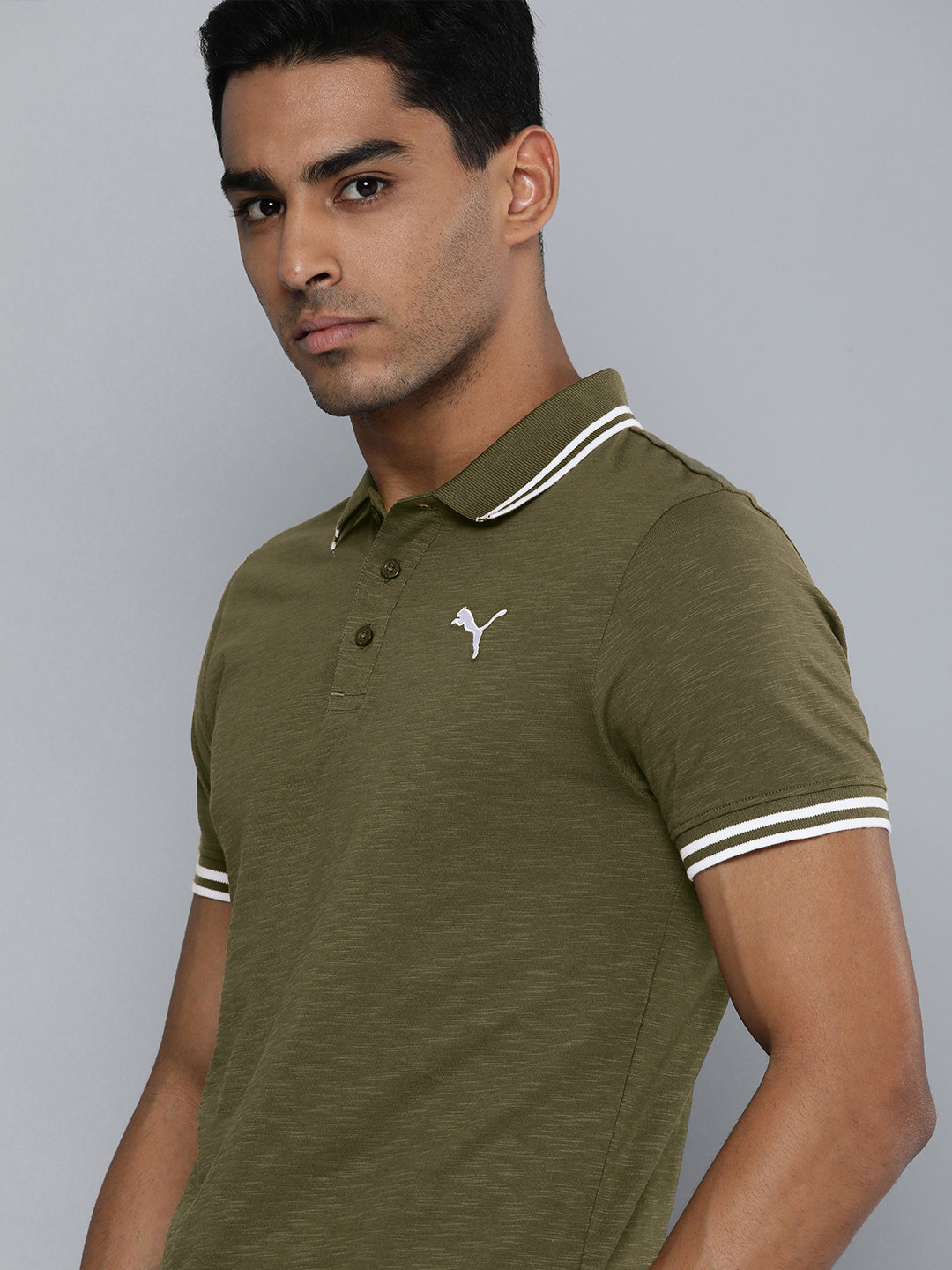 Buy Puma Men Olive Green Slub Jersey Polo Collar Slim Fit Pure Cotton T ...