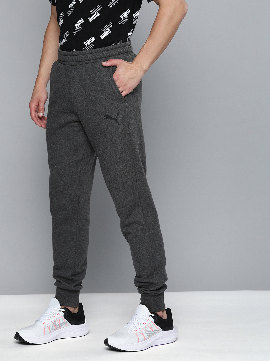 Buy Puma Men Charcoal Grey Regular Fit Essential Logo Knitted Joggers ...