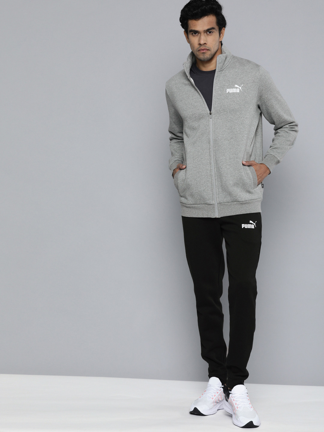 Buy Puma Men Grey Melange & Black Slim Fit Clean Solid Tracksuit ...